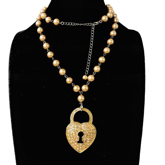 Jewelry | Rhinestones Heart Shape Lock Pendant Latte Beaded Pearls ...